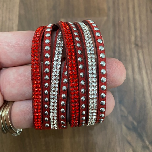 Jewelry | 215 Red Rhinestone And Studded Wrap Bracelet | Poshmark